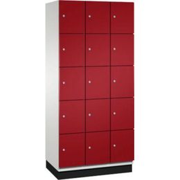C+P Schlie&szlig;fachschrank Cambio, 3 Abteile, 15 F&auml;cher, mit Sockel, B 900 x T 525 x H 1980 mm, lichtgrau/rubinrot