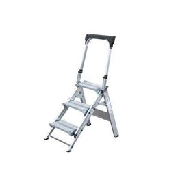 Munk Klapptreppe, Aluminium, stabiler Doppelholm, rutschfeste Kunststoffschuhe, klappbare Halteb&uuml;gel mit Ablageschale, max. 150 kg, Trittfl&auml;che 360 x 205 mm, 3 Stufen