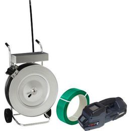 Umreifungsset, 3-teilig, Abrollwagen, Akku Umreifungsger&auml;t Banholzer und Wenz BXT4-16, PET Polyesterband mit L 1700 x B 15,5 mm, St&auml;rke 0,7 mm