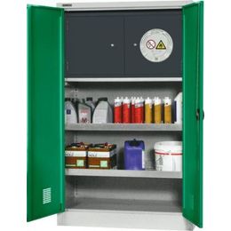 Sch&auml;fer Shop Sch&auml;fer Shop Select Gefahrstoffschrank, B 950 x T 500 x H 1585 mm, 2 Wannen inkl. WHG‑Wanne 11 Liter, Sicherheitsfach Typ 30, lichtgrau/t&uuml;rkisgr&uuml;n