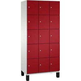 C+P Schlie&szlig;fachschrank Cambio, 3 Abteile, 15 F&auml;cher, auf F&uuml;&szlig;en, B 900 x T 525 x H 1980 mm, lichtgrau/rubinrot