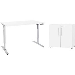 Komplettangebot Schreibtisch, elektrisch h&ouml;henverstellbar, B 1600 mm, Kabelkanal und Memorypanel, wei&szlig;alu/wei&szlig; + Schrank, 2 OH, abschlie&szlig;bar, wei&szlig;