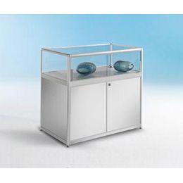 Tischvitrine BST, Brandschutzklasse B1, 1 Fach und 1 Staufach, abschlie&szlig;bare Schiebet&uuml;ren, B 480 x T 600 x H 1020 mm, Aluminium/Glas/Metall, silber