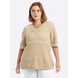 sheego Gro&szlig;e Gr&ouml;&szlig;en Strickpullover mit Kontraststreifen an den Halbarmen, sand, Gr&ouml;&szlig;e 52/54 - Damen