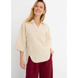 bonprix Tunika aus softem Viskose-Mix, beige, Gr.40, Weit geschnittene Hemdbluse mit V-Ausschnitt, leicht vorverlegten N&auml;hten und 3/4-Arm, aus Viskose