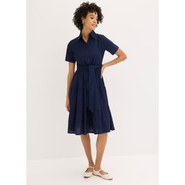 bonprix Blusenkleid aus elastischem Baumwoll-Mix, blau, Gr.54, Hemdblusenkleid mit Bindeband, aufgesetzte Pattentaschen und Volantsrock, 97% Baumwolle