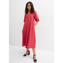 bonprix Midikleid aus reiner Baumwolle, rot, Gr.46, modisches Midikleid in ausgestellter A-Linien Form, aus festem Baumwoll-Popeline mit Puff&auml;rmeln, aus 100% Baumwolle