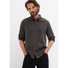 bonprix Hemd aus weichem Musselin, schwarz, Gr.45/46 (XXL), Trendiges Slim Fit Musselin-Hemd im washed-Look f&uuml;r einen coolen, urbanen Style, aus 100% Baumwolle,Musselin