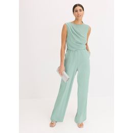 bonprix Overall aus gl&auml;nzendem Satin, gr&uuml;n, Gr.38, Modern und elegant: Weit geschnittener Overall aus gl&auml;nzendem Satin mit Drapierung im Oberteil