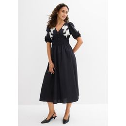 bonprix Midikleid mit Stickerei, schwarz, Gr.44, sommerliches Midikleid aus festem Baumwoll-Popelin mit dekorativer Stickerei und Puff&auml;rmeln, 97% Baumwolle
