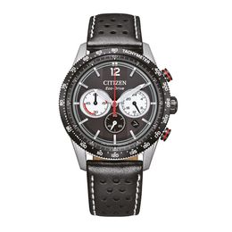 Chronograph Citizen "Racing Chrono", schwarz, silberfarben, Armbanduhren, Herren, Chronograph, Armbanduhr, Solar, Herrenuhr, Lederarmband, analog, Big Date