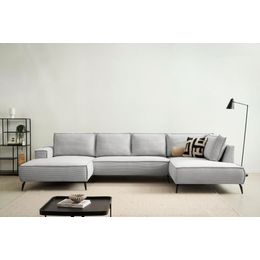 Wohnlandschaft Home Affaire "TVINNU, moderne U-Form, Couch in Cord oder Webstoff in Leinenoptik", hellgrau, B:354cm H:83cm T:193cm, Sofas, Wohnlandschaft, Recamiere rechts/links, schwarze Metallf&uuml;&szlig;e, bequeme Sitz-/Liegefl&auml;che