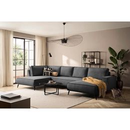 Wohnlandschaft Home Affaire "TVINNU, moderne U-Form, Couch in Cord oder Webstoff in Leinenoptik", anthrazit, B:354cm H:83cm T:193cm, Sofas, Wohnlandschaft, Recamiere rechts/links, schwarze Metallf&uuml;&szlig;e, bequeme Sitz-/Liegefl&auml;che