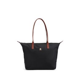 Tragetasche Tommy Hilfiger "POPETTE TOTE", Gr. B/H/T: 44cm x 32cm x 14cm, schwarz, Leder, Nylon, Taschen, Damen Handtasche, Schultertasche mit kontrastfarbigen Henkeln