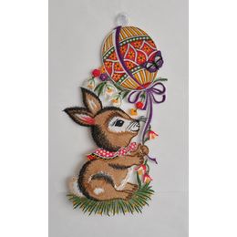 Fensterdekoration Stickereien Plauen "Fensterbild Hase mit Ballon", bunt, B:18cm H:34cm T:0,5cm, Polyester, Fensterbilder, Fensterdekoration, Plauener Spitze