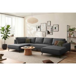 Wohnlandschaft Home Affaire "TVINNU, moderne U-Form, Couch in Cord oder Webstoff in Leinenoptik", anthrazit, B:354cm H:83cm T:193cm, Sofas, Wohnlandschaft, Recamiere rechts/links, schwarze Metallf&uuml;&szlig;e, bequeme Sitz-/Liegefl&auml;che