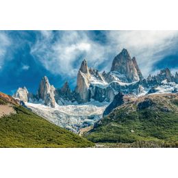Fototapete papermoon "GEBIRGE-PATAGONIEN BLUMEN BERGE WIESE SONNE WALD FLUSS", bunt, B:5m L:2,8m, Vlies, Tapeten