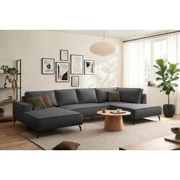 Wohnlandschaft Home Affaire "TVINNU, moderne U-Form, Couch in Cord oder Webstoff in Leinenoptik", anthrazit, B:354cm H:83cm T:193cm, Sofas, Wohnlandschaft, Recamiere rechts/links, schwarze Metallf&uuml;&szlig;e, bequeme Sitz-/Liegefl&auml;che