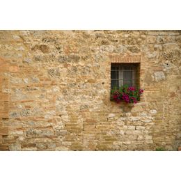 Fototapete papermoon "STEIN-WAND-FENSTER TOSKANA ITALIEN BLUME MAUER ALTSTADT", bunt, B:4,5m L:2,8m, Vlies, Tapeten