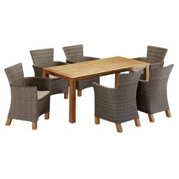 Garten-Essgruppe Merxx "Toskana", braun (hellbraun), Polyrattan, Sitzm&ouml;bel-Sets, 6 Sessel, Tisch 185x90cm, Polyrattan/Akazie