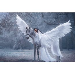 Fototapete papermoon "EINHORN MIT FEE IM M&Auml;RCHENWALD", bunt, B:4,5m L:2,8m, Vlies, Tapeten