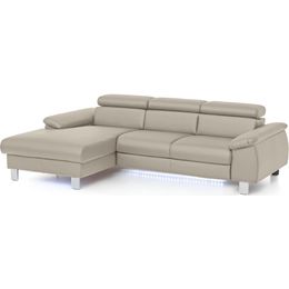 Ecksofa COTTA "Komaris L-Form, B: 244 cm", grau, B:244cm H:72cm T:166cm, Microfaser PRIMABELLE (100% Polyester);Kunstleder SOFTLUX(100%Polyurethan);Feinstruktur (100% Polyester);Kunstleder SOFTLUX/Struktur (100%Polyurethan, 90%Polyester, 10% Polyacryl), Sofas, Ecksofa, mit Kopfteilverstellung, optional Bettfunktion, Bettkasten & Licht
