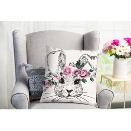 Dekokissen queence "Bennet", wei&szlig; (pink, wei&szlig;, bedruckt), B:40cm L:40cm, Polyester, Dekokissen_Sitzkissen_Kissenh&uuml;llen, s&uuml;&szlig;er Hase