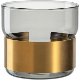 Teelichthalter Leonardo "Silenzio", mehrfarbig, B:9,5cm H:8,7cm T:9,5cm &Oslash;:0cm, Glas, Kerzenhalter, Teelichthalter, aus grauem Glas mit goldener Metallspange