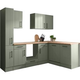 Winkelk&uuml;che respekta "Anton", k&uuml;che: gr&uuml;n, front: schilfgr&uuml;n, korpus: schilfgr&uuml;n, arbeitsplatte: wildeiche nachbildung, B:250cm H:211cm T:172cm, Komplettk&uuml;chen-Sets, Breite 250 cm, 90 cm Arbeitsh&ouml;he, wahlweise mit und ohne E-Ger&auml;te