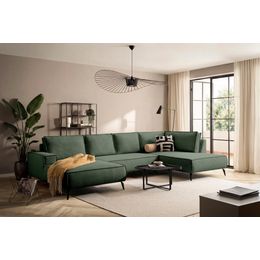 Wohnlandschaft Home Affaire "TVINNU, moderne U-Form, Couch in Cord oder Webstoff in Leinenoptik", dunkelgr&uuml;n, B:354cm H:83cm T:193cm, Sofas, Wohnlandschaft, Recamiere rechts/links, schwarze Metallf&uuml;&szlig;e, bequeme Sitz-/Liegefl&auml;che