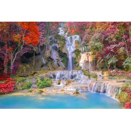 Fototapete papermoon "WASSERFALL-B&Auml;UME FLUSS SEE STEINE BLUMEN BERGE HERBST", bunt, B:3,5m L:2,6m, Vlies, Tapeten