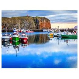 Fototapete papermoon "HAFEN ISLAND-K&Uuml;STE KLIPPEN MEER SEE OZEAN GEBIRGE BOOTE", bunt, B:3,5m L:2,6m, Vlies, Tapeten