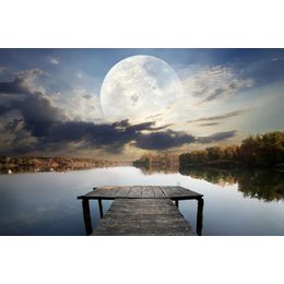 Fototapete papermoon "Steg im Wasser mit Mond", bunt, B:3,5m L:2,6m, Vlies, Tapeten