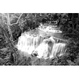 Fototapete papermoon "Wasserfall im Wald Schwarz & Wei&szlig;", schwarz (schwarz, wei&szlig;), B:5m L:2,8m, Vlies, Tapeten