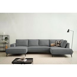 Wohnlandschaft Home Affaire "TVINNU, moderne U-Form, Couch in Cord oder Webstoff in Leinenoptik", dunkelgrau, B:354cm H:83cm T:193cm, Sofas, Wohnlandschaft, Recamiere rechts/links, schwarze Metallf&uuml;&szlig;e, bequeme Sitz-/Liegefl&auml;che