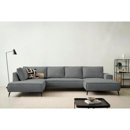 Wohnlandschaft Home Affaire "TVINNU, moderne U-Form, Couch in Cord oder Webstoff in Leinenoptik", dunkelgrau, B:354cm H:83cm T:193cm, Sofas, Wohnlandschaft, Recamiere rechts/links, schwarze Metallf&uuml;&szlig;e, bequeme Sitz-/Liegefl&auml;che