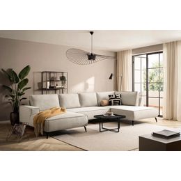 Wohnlandschaft Home Affaire "TVINNU, moderne U-Form, Couch in Cord oder Webstoff in Leinenoptik", hellbeige, B:354cm H:83cm T:193cm, Sofas, Wohnlandschaft, Recamiere rechts/links, schwarze Metallf&uuml;&szlig;e, bequeme Sitz-/Liegefl&auml;che