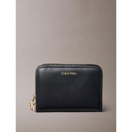 Geldb&ouml;rse Calvin Klein "CK PULLER MEDIUM FLAP ZIP AROUND", Damen, schwarz, Leder, unifarben, Kleinlederwaren, Damen Geldb&ouml;rse, Portemonnaie mit CK-Schmuck-Logo