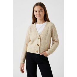 Strickjacke name it "NKFHOLLY BOXY SHORT KNIT CARD NOOS", M&auml;dchen, Gr. 116, beige (pure cashmere), Strick, Obermaterial: 79% Polyester, 13% Polyacryl, 5% Wolle, 3% Elasthan, unifarben, normal h&uuml;ftlang, tiefer V-Ausschnitt, Strickb&uuml;ndchen, Strickjacken Strickjacke, in modischer Boxy-Form, mit tiefem V-Ausschnitt