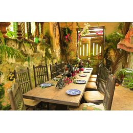 Fototapete papermoon "RESTAURANT-RUSTIKAL BARBADOS KARIBIK ALTSTADT MAUER BAR", bunt, B:3,5m L:2,6m, Vlies, Tapeten