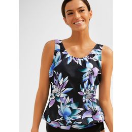 Tankini-Top bonprix "Oversize-Tankinioberteil mit B&uuml;ndchen", Damen, Gr. 44, N-Gr, schwarz (schwarz, blau gebl&uuml;mt), Elasthan, Polyamid, Polyester, bedruckt, gebl&uuml;mt, Bikini-Oberteile, Oversize-Passform, B&uuml;ndchen am Saum, rundum bedrucktes Design