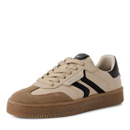 Plateausneaker Tamaris, Damen, Gr. 37, beige (beige kombiniert), Glattleder, Veloursleder, aufgeraut, kontrastfarbene Details, Basic, Schuhe Plateausneaker, Freizeitschuh, Halbschuh, Schn&uuml;rschuh im Retro-Look