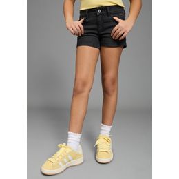 Shorts Bruno Banani "Stretch-Jeans Shorts mit Strass-Steinen, Glitzersterne auf Po-Tasche", M&auml;dchen, Gr. 128, N-Gr, schwarz used, Denim/Jeans, Obermaterial: 81% Baumwolle, 17% Polyester, 2% Elasthan, unifarben mit Farbeinsatz, bequem, Hosen Shorts, bequeme Passform mit normaler Leibh&ouml;he, f&uuml;r M&auml;dchen