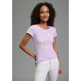 Kurzarmshirt Kangaroos, Damen, Gr. 36/38, flieder, Rippware, Obermaterial: 100% Baumwolle, Basic h&uuml;ftbedeckend, Rundhals, mit Umschlag, Shirts, Kurzarm, k&ouml;rpernahe Passform, bedrucktes Design
