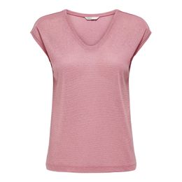 Kurzarmshirt Only "ONLSILVERY S/S V NECK LUREX TOP JRS NOOS", Damen, Gr. XL, bonbon detail:tone in tone lurex, Jersey, Obermaterial: 60% Polyester, 24% Viskose, 16% metallisierte Fasern, loose fit normal, Rundhals, Shirts, Materialmix mit Glitzer, loose fit, Rundhals