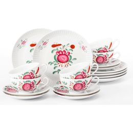 Teeservice Seltmann Weiden "Geschirr-Set, 18 Teile, Amina Ostfiesenrose, klein", bunt (wei&szlig;, rot, gr&uuml;n), 18 Stk., Porzellan, Geschirr-Sets, St&auml;bchenrelief, die Ostfriesenrose, Bl&uuml;tenmotiv