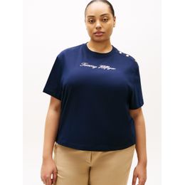 Kurzarmshirt Tommy Hilfiger Curve "CRV GOLD BTN SCRIPT MDRN SS TEE", Damen, Gr. 46, schwarz night navy, Single Jersey, Obermaterial: 100% Baumwolle, unifarben, Rundhals, Shirts, in gro&szlig;en Gr&ouml;&szlig;en, mit goldfarbenen Kn&ouml;pfen