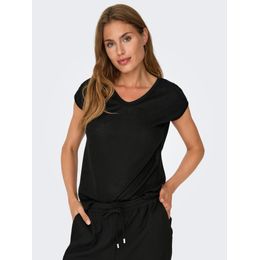 Kurzarmshirt Only "ONLSILVERY S/S V NECK LUREX TOP JRS NOOS", Damen, Gr. S, schwarz, Jersey, Obermaterial: 60% Polyester, 24% Viskose, 16% metallisierte Fasern, unifarben, loose fit normal, Rundhals, Shirts, Materialmix mit Glitzer, loose fit, Rundhals