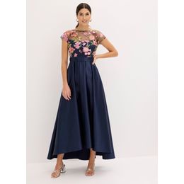 bonprix Maxikleid aus gl&auml;nzendem Satin mit Spitze, blau, Gr.50, Bezauberndes Maxikleid aus gl&auml;nzendem Satin mit floraler Stickerei im Oberteil und G&uuml;rtel