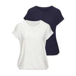 Kurzarmshirt Vivance "mit modischem Jacquard-Muster", Damen, Gr. 32/34, sanftes wei&szlig;, navy, Obermaterial: 63% Polyester, 29% Viskose, 8% Elasthan, unifarben, figurumspielend, Rundhals, Shirts, mit sch&ouml;nem Jacqaurdmuster